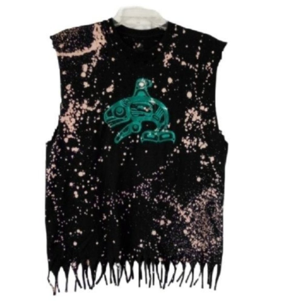 Haida Whale Bleach Distressed Fringe Muscle Tank L - Gem